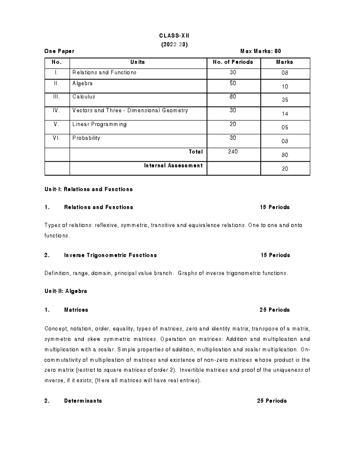 CBSE Class 12 Mathematics Syllabus 2022-23 - C L A S S -X II (2022-23 ...