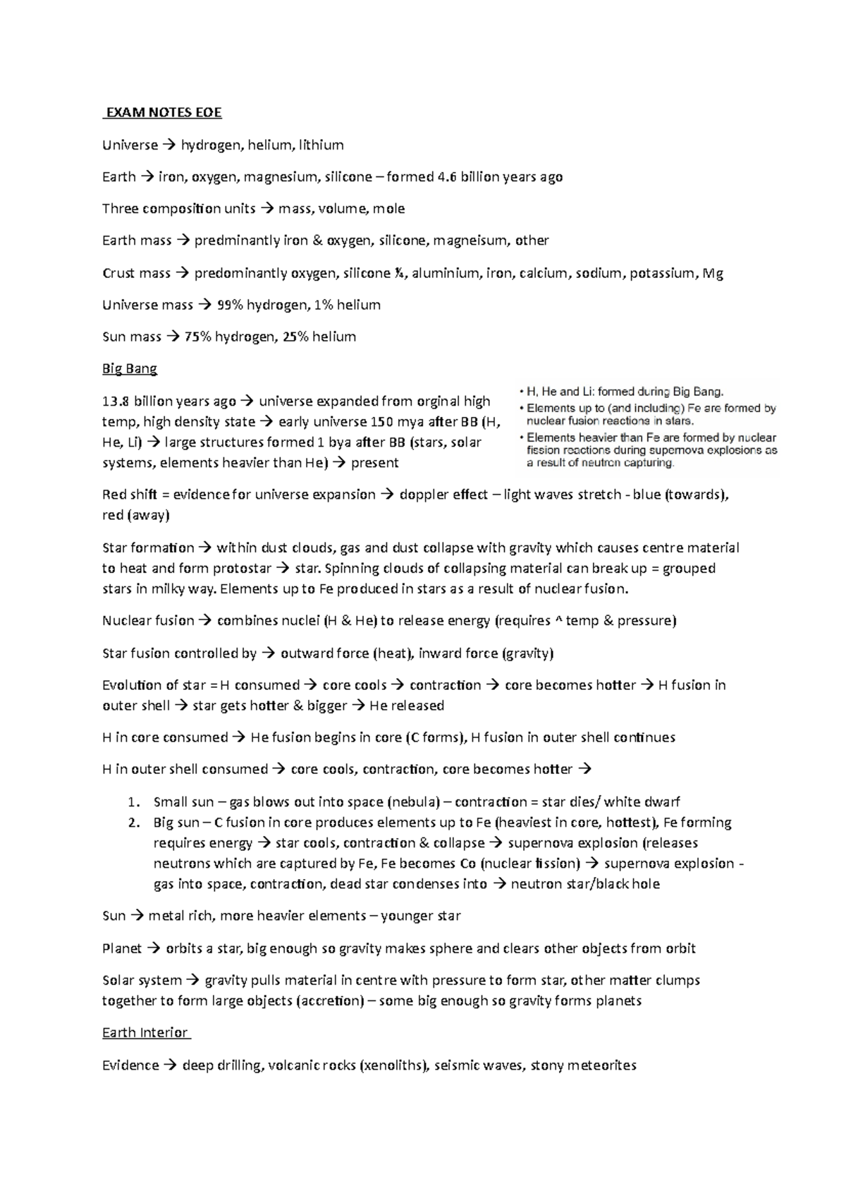 EXAM Notes EOE - EXAM NOTES EOE Universe hydrogen, helium, lithium ...