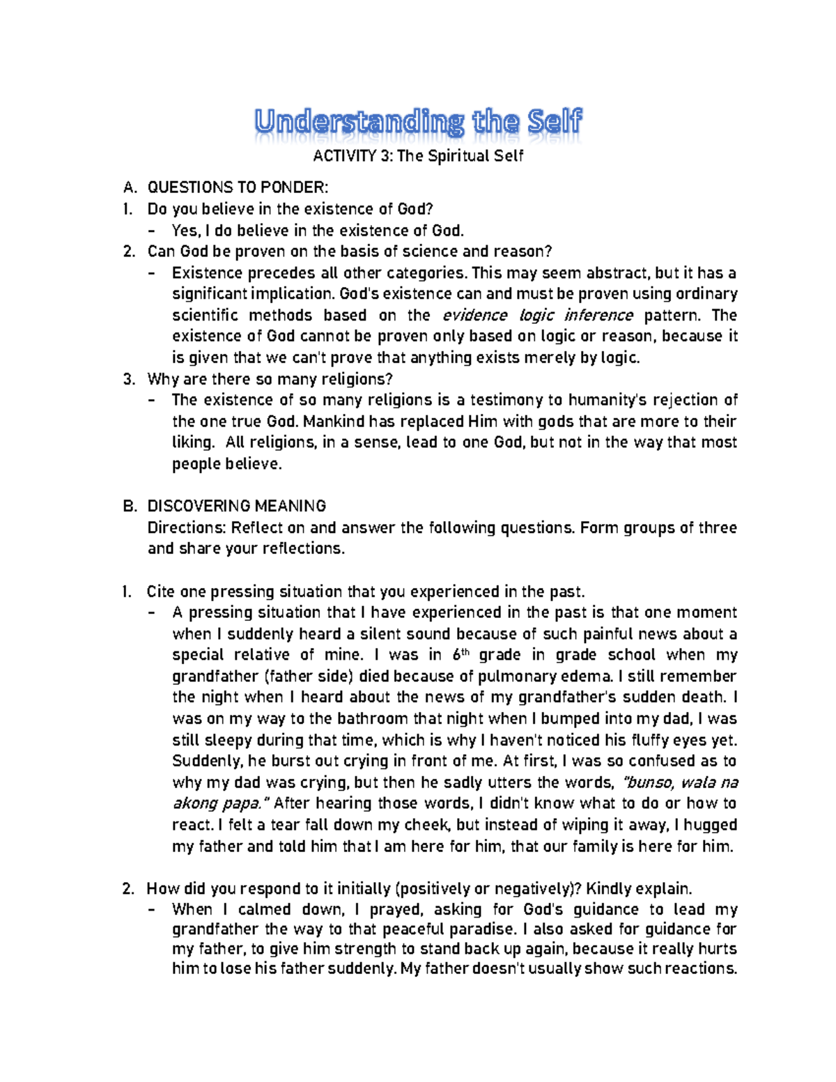 UTS 0003- 4- Activity 3- Spiritual Self - ACTIVITY 3: The Spiritual ...