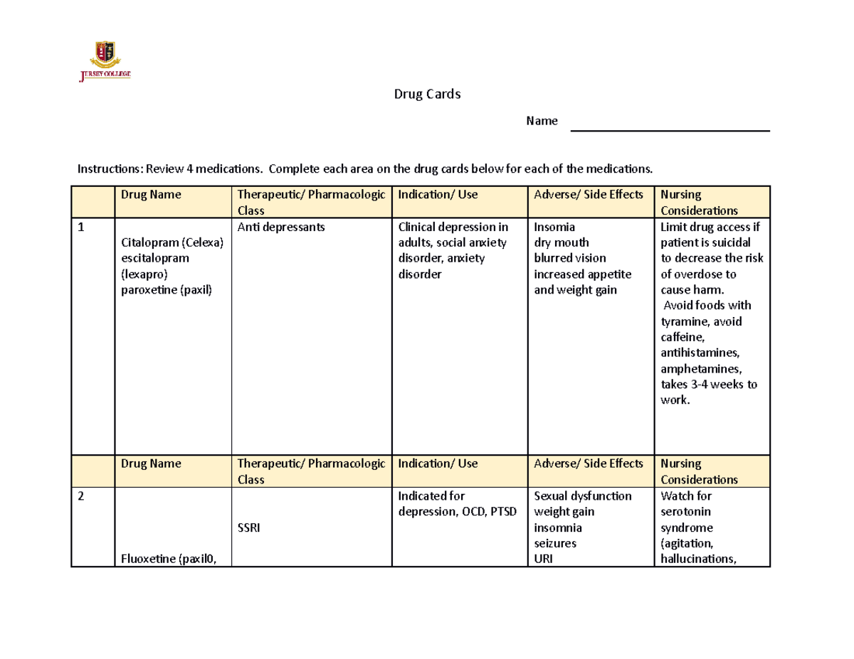 Drug Cards Form week 2 - Drug Cards Name Instructions: Review 4 ...