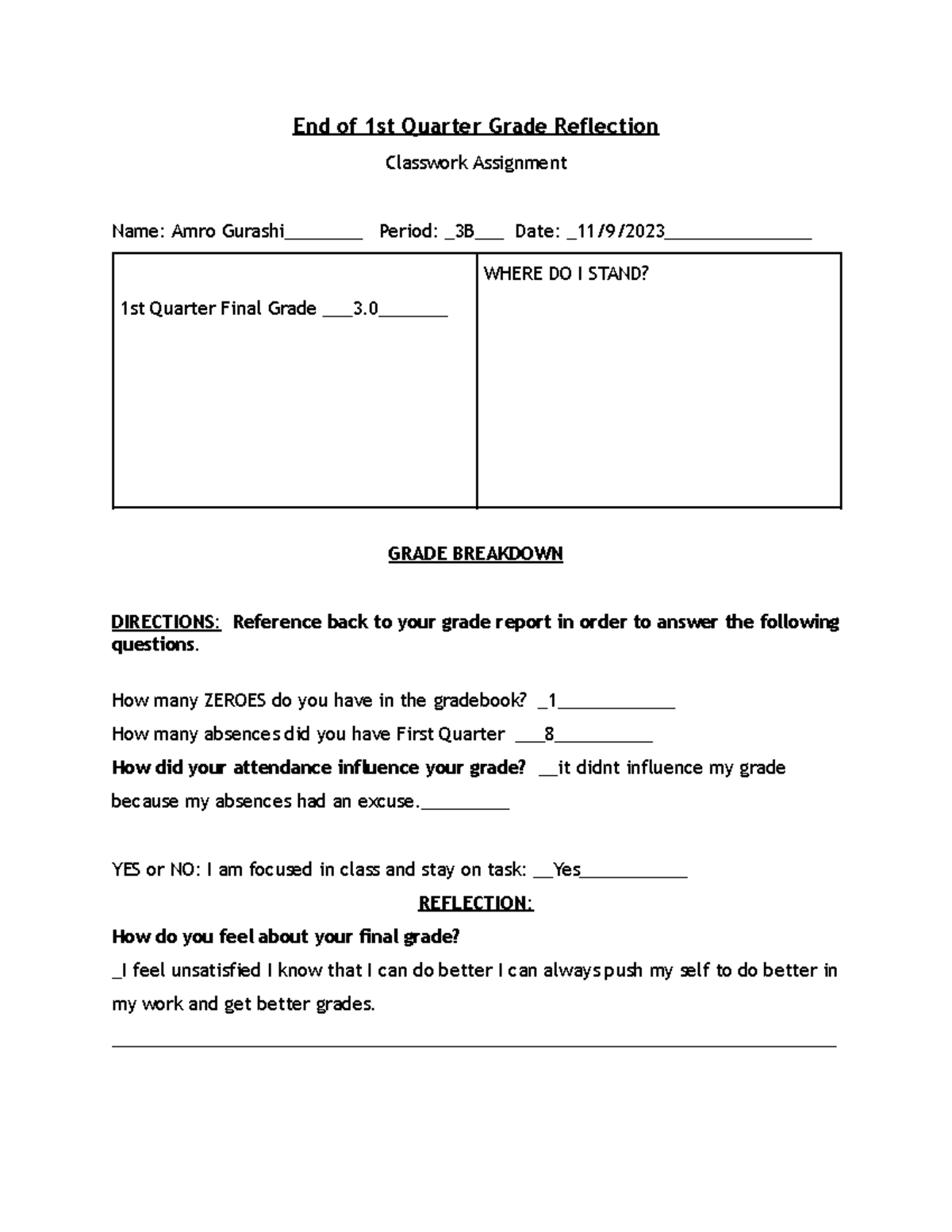 Copy of Grade Reflection - End of 1st Quarter Grade Reflection ...