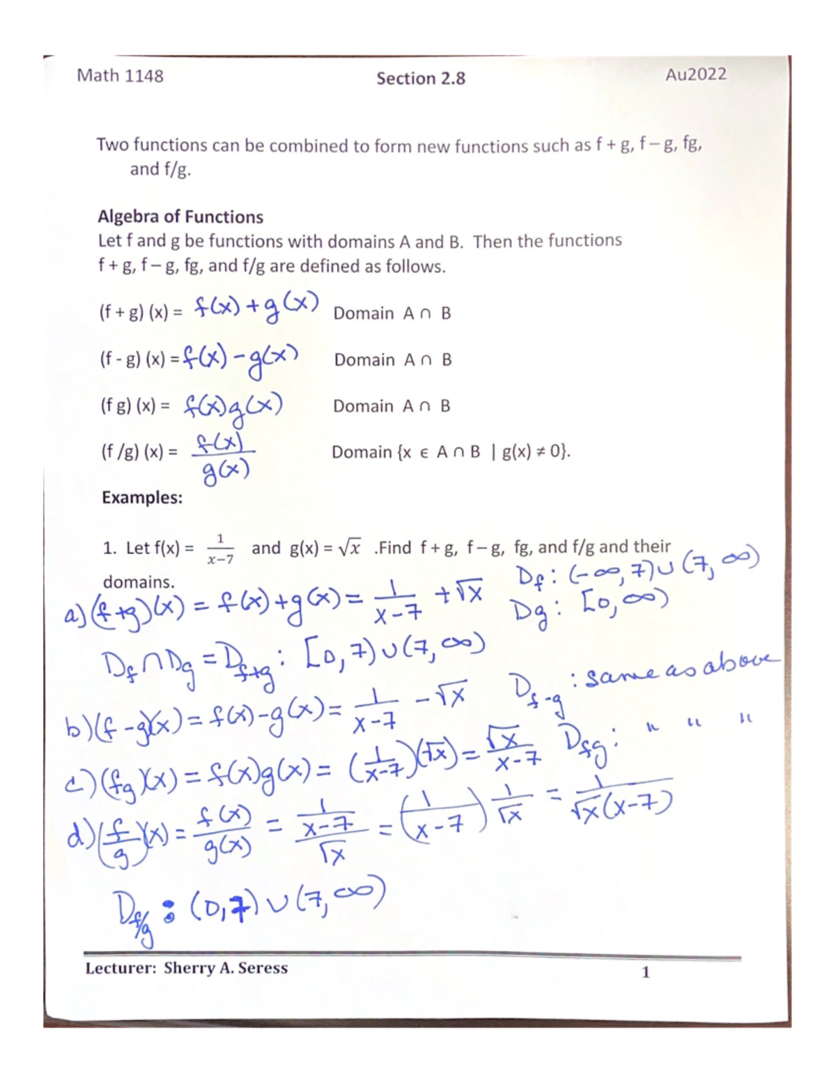 Section 2 8 Complete Notes - Math 1148 Section 2 Au2022 Two functions ...