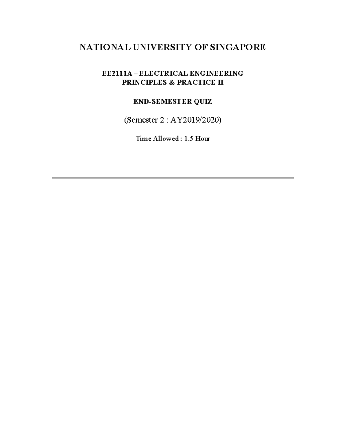 AY 21/22 MCQ paper - NATIONAL UNIVERSITY OF SINGAPORE EE2111A – ELECTRICAL ENGINEERING ...