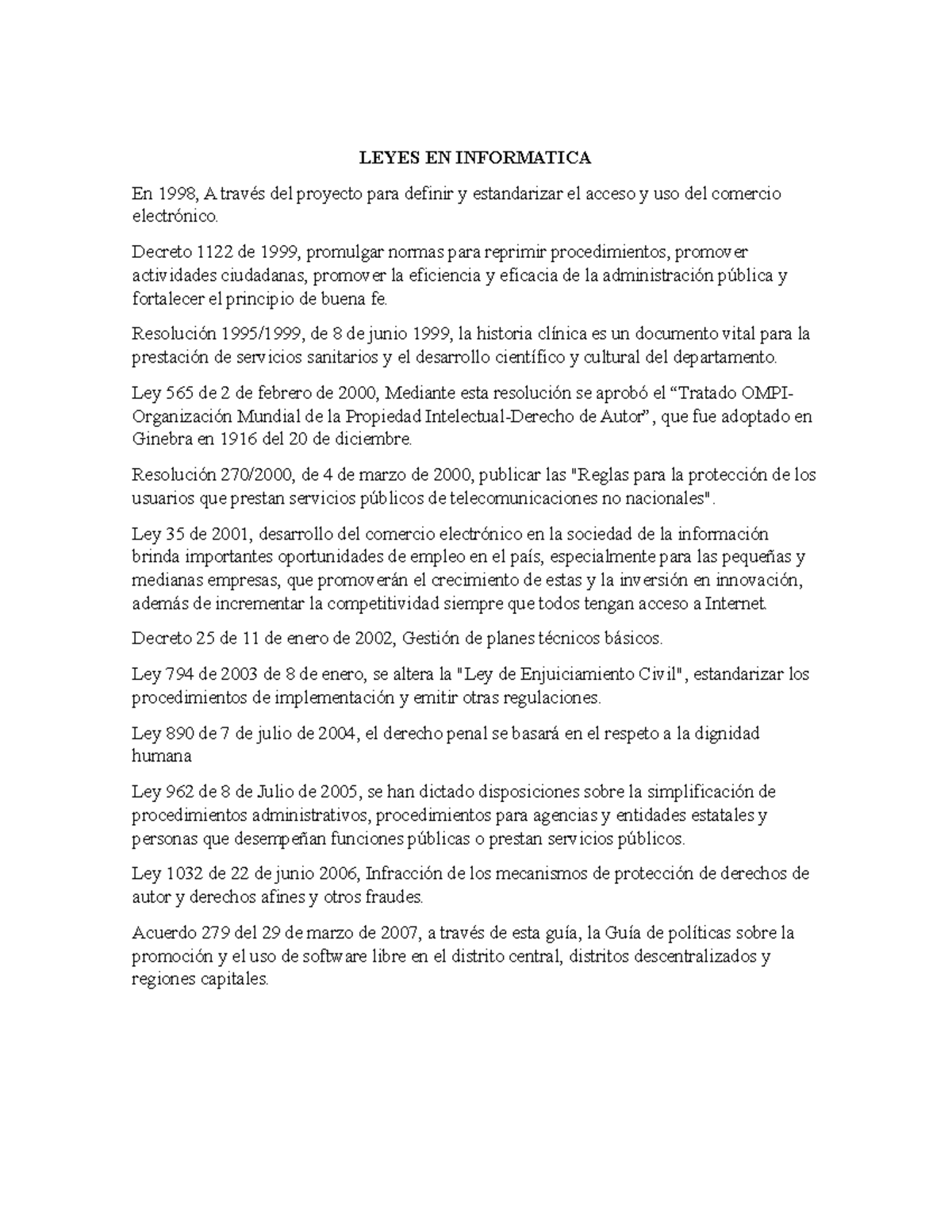Leyes EN Informatica - Resumen - LEYES EN INFORMATICA En 1998, A través ...