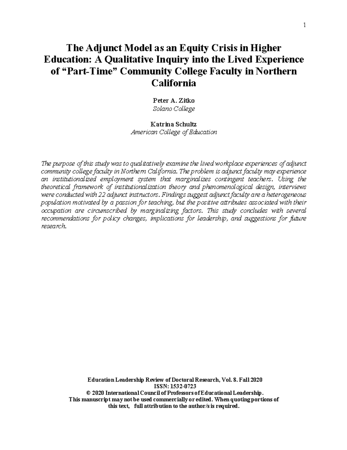 The Adjunct Model as an Equity Crisis in Higher A Qualitative Inquiry ...
