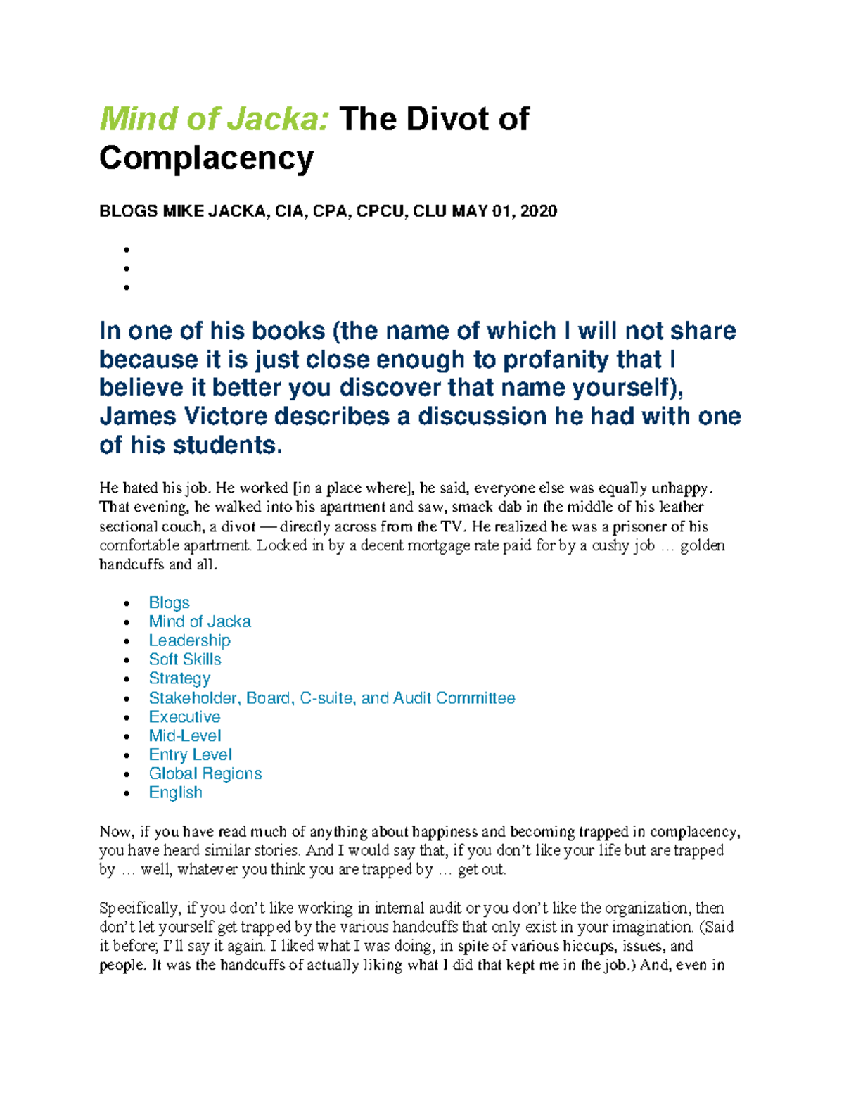 Mind of Jacka - The Divot of Complacency - Mind of Jacka: The Divot of ...