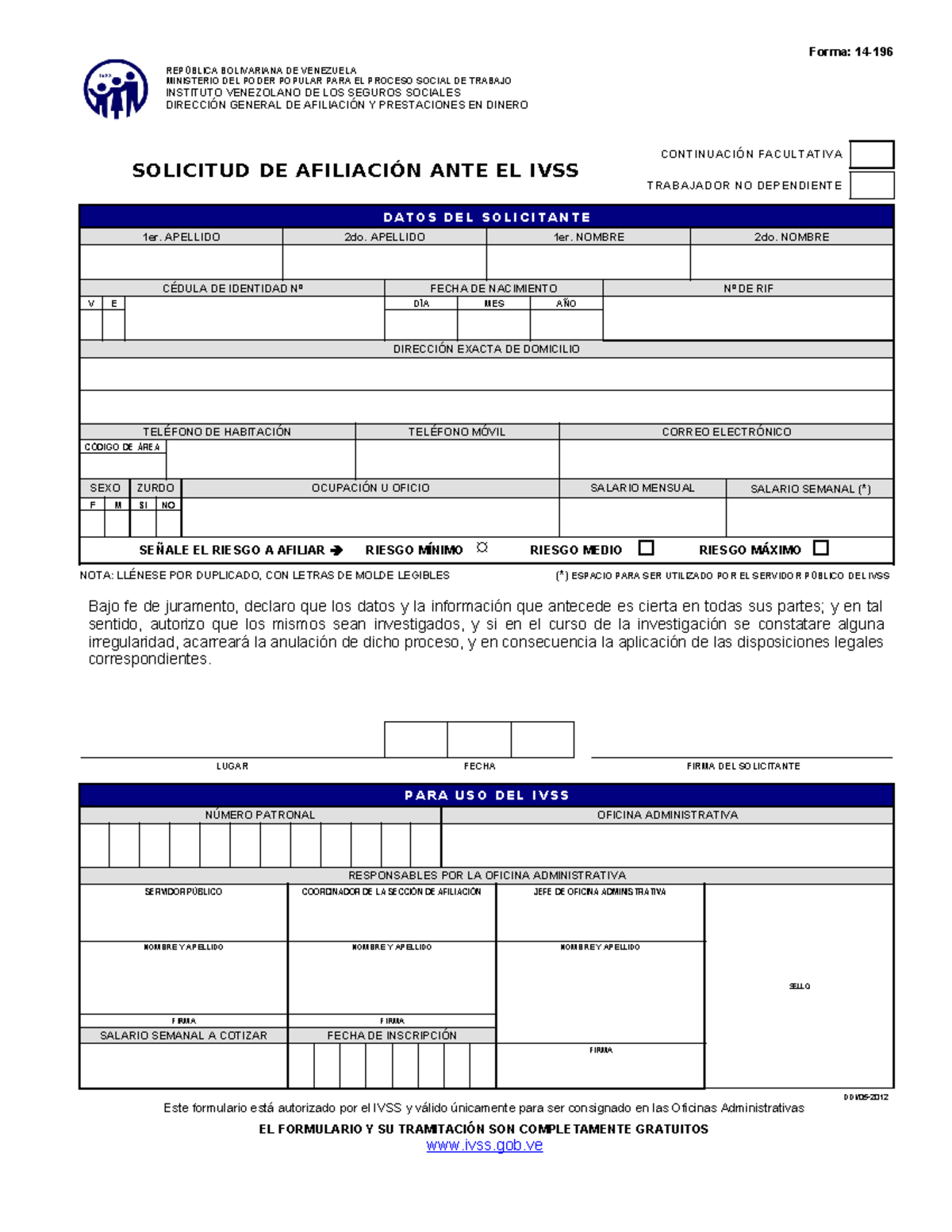 Planilla de inclusion IVSS - Forma: 14- REPÚBLICA BOLIVARIANA DE ...