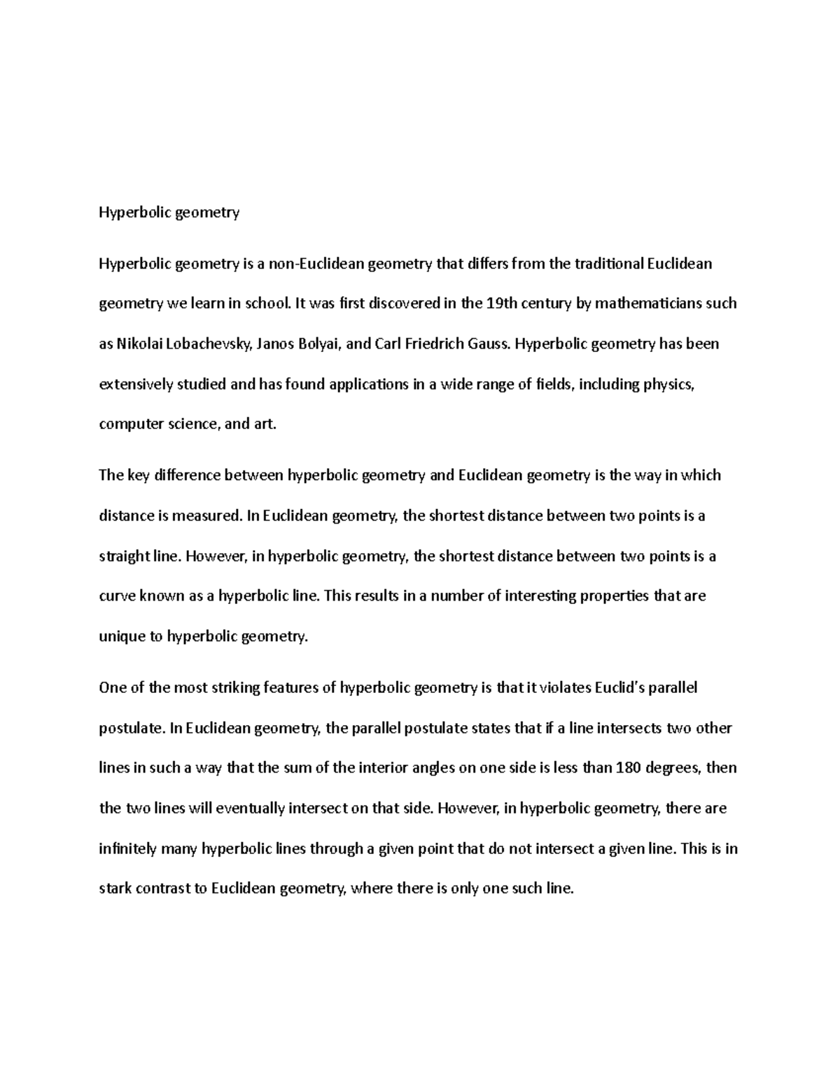 Hyperbolic geometry - Hyperbolic geometry Hyperbolic geometry is a non ...