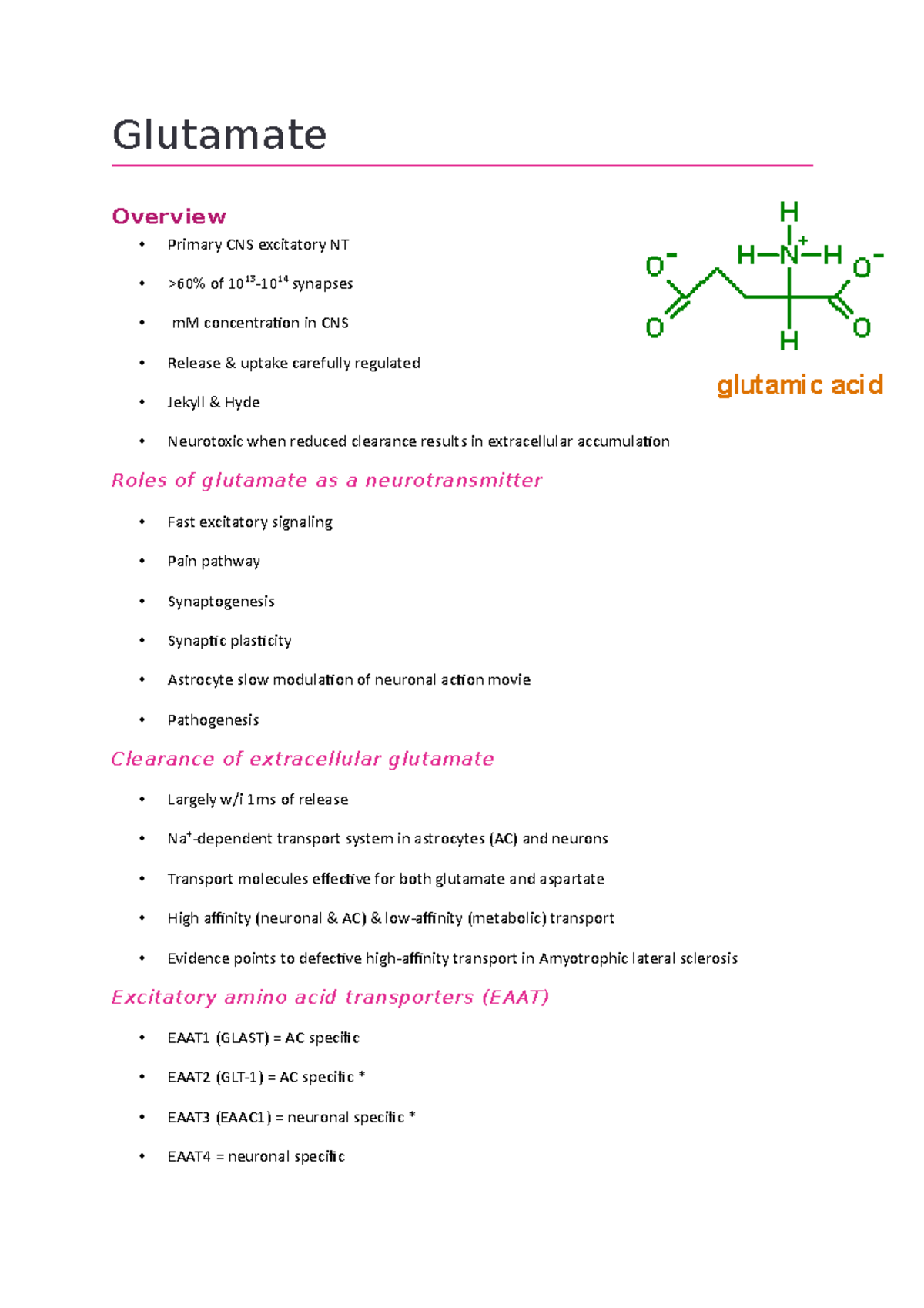 Glutamate Lecture Notes - Glutamate Overview Primary CNS excitatory NT ...