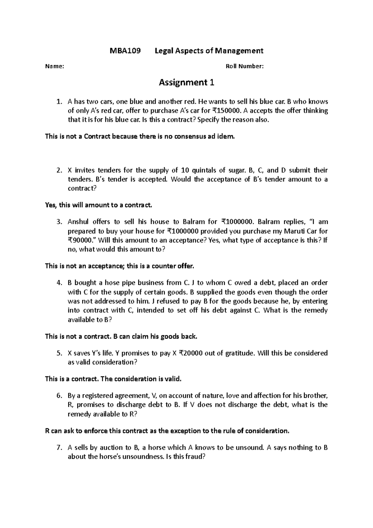 MBA109 Legal Aspects of Management Assignment 1 with answers - MBA109 ...