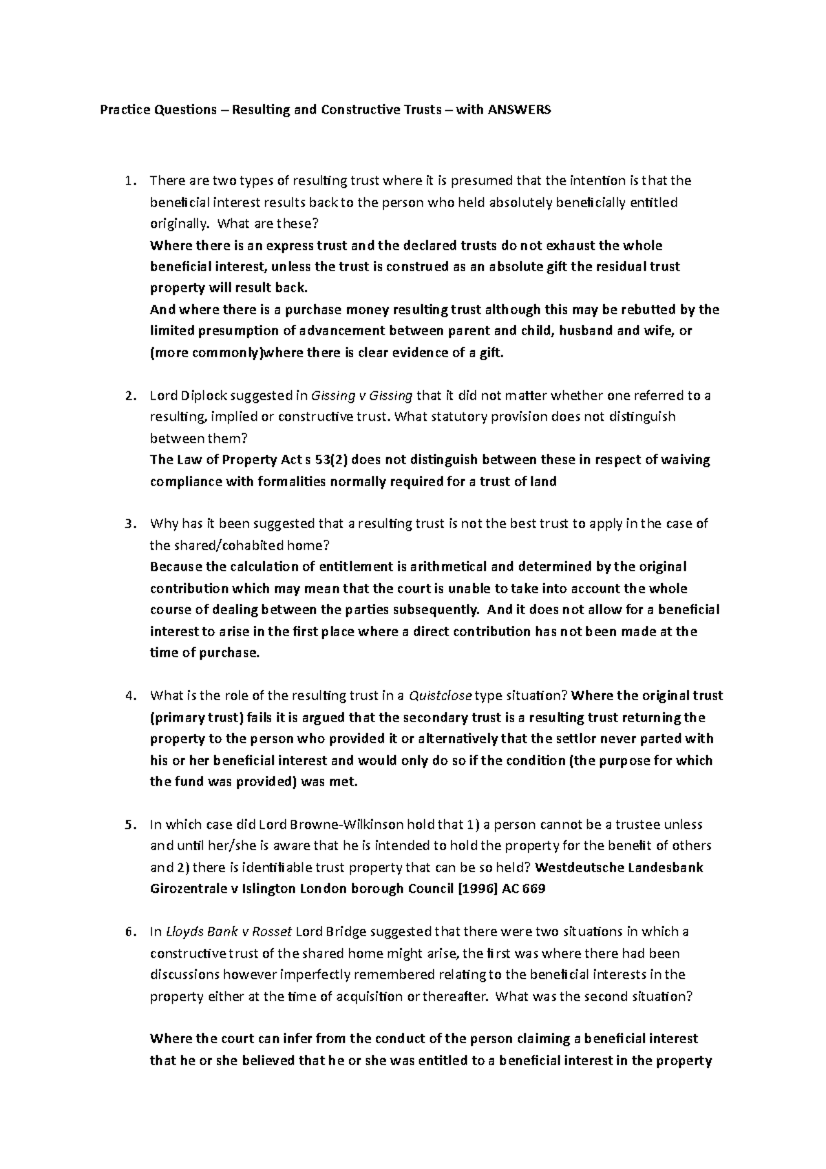 Resulting and Constructive Trusts answers - Practice Questions ...