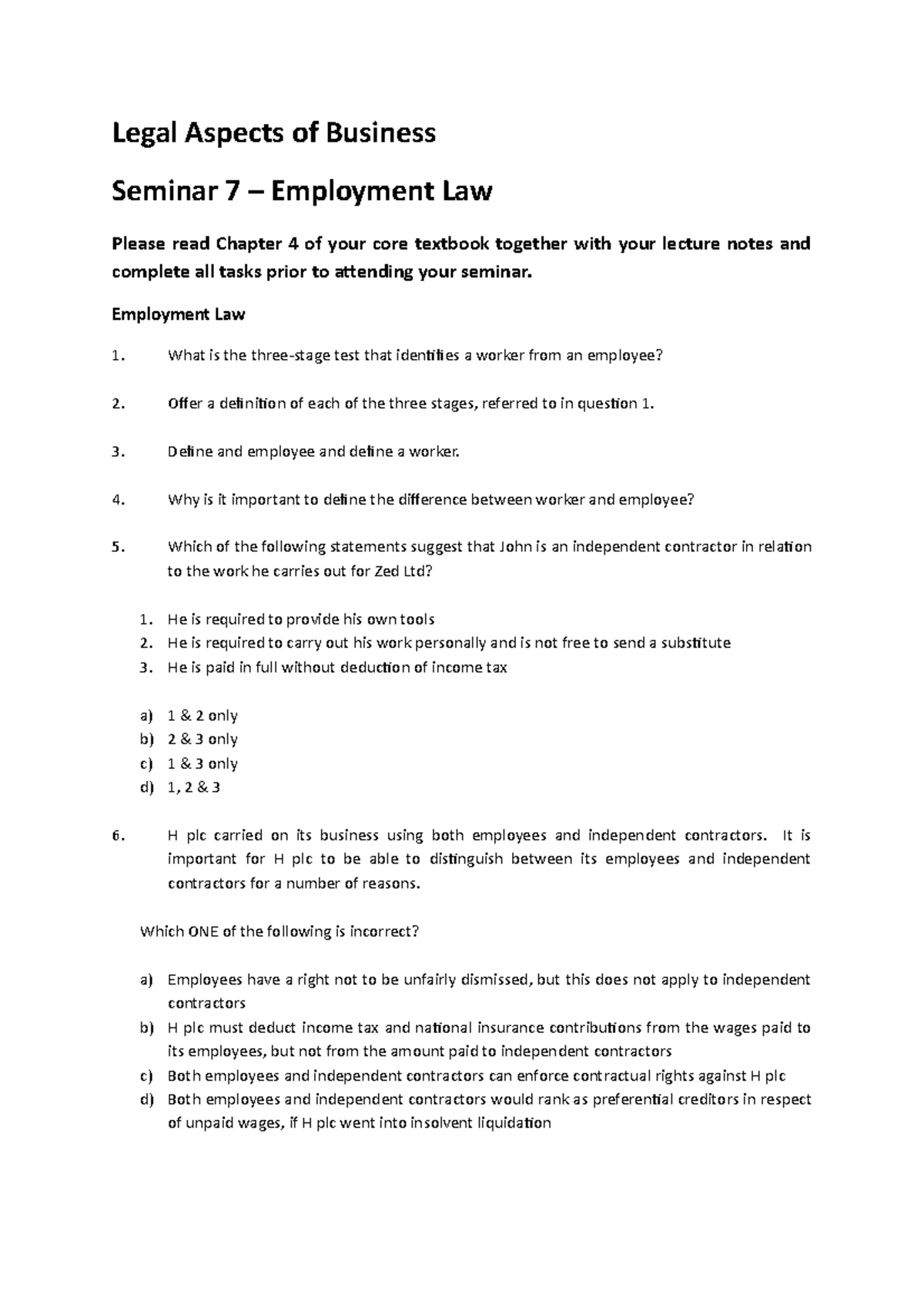 LAB Seminar 7 - Employment Law - Legal Aspects of Business Seminar 7 ...