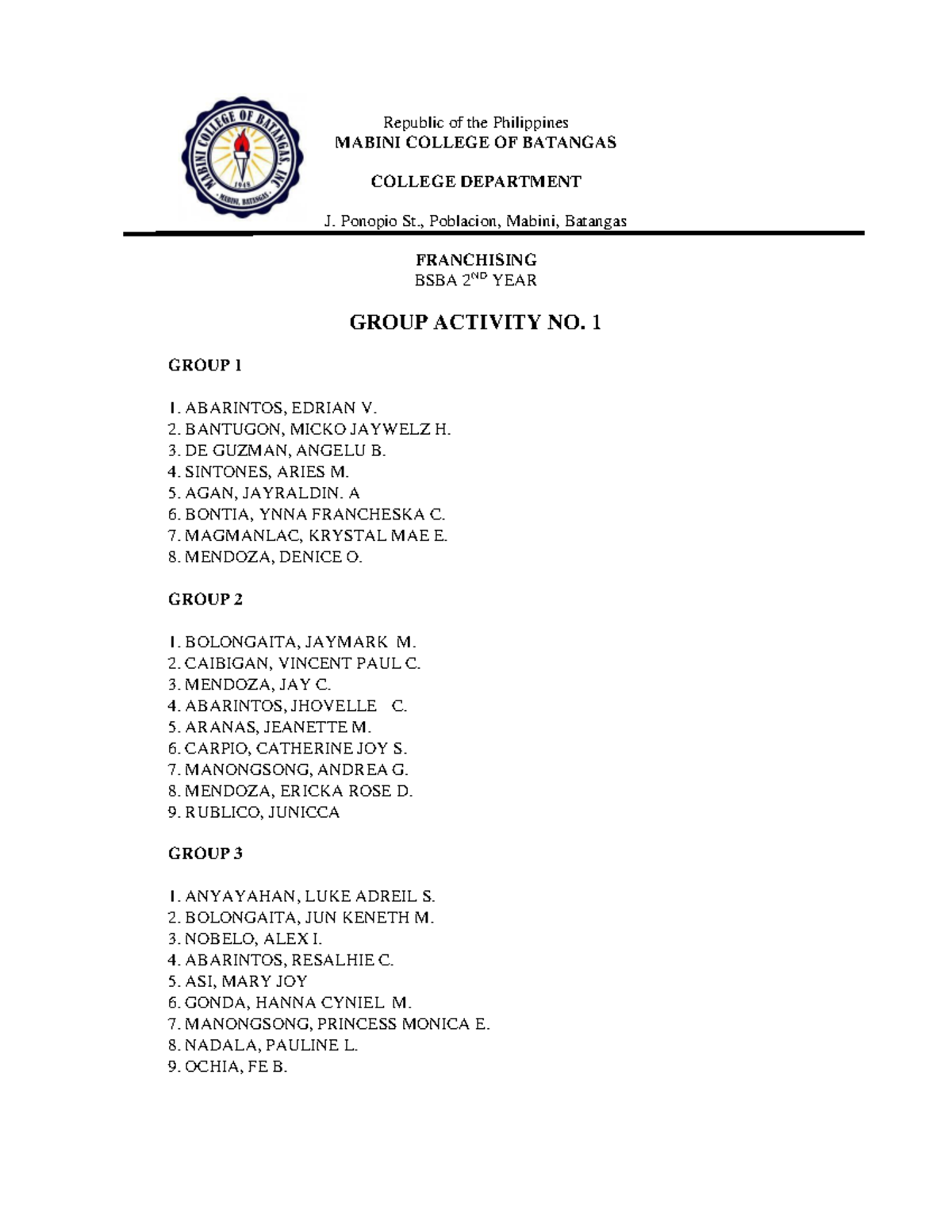 Group Activity 1 - Lecture notes 1 - Republic of the Philippines MABINI ...