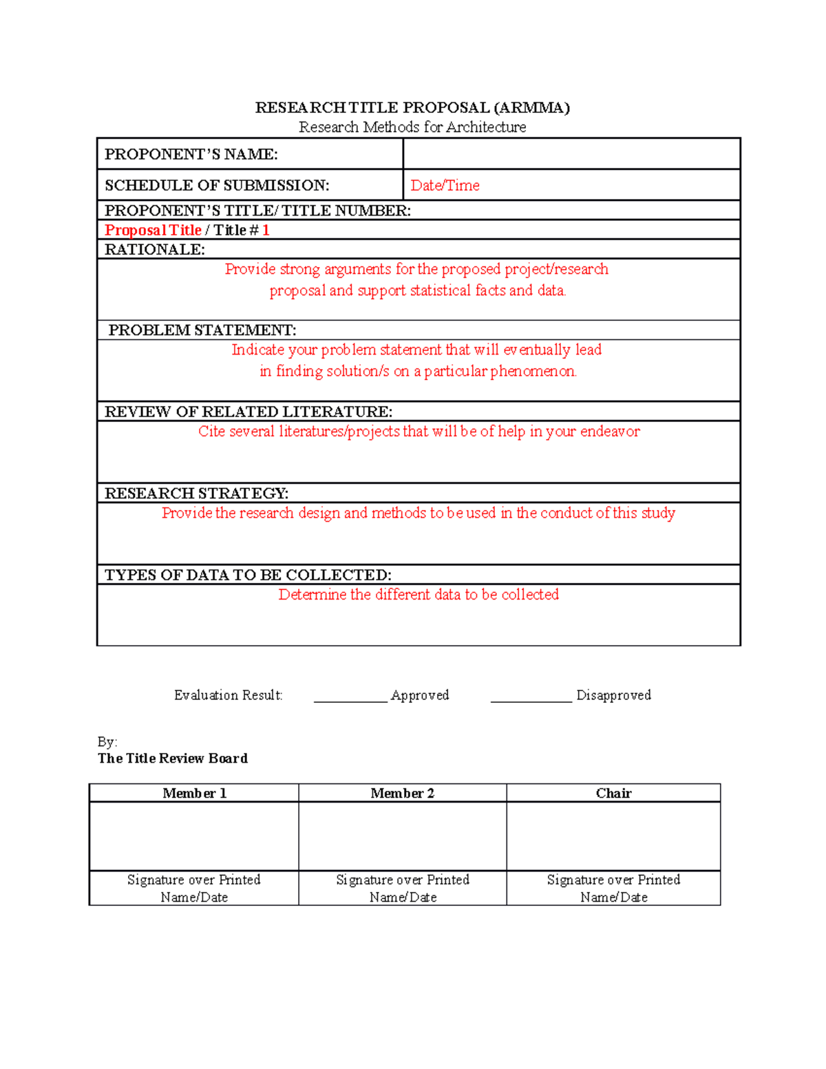 Research Title Proposal Format - RESEARCH TITLE PROPOSAL (ARMMA ...