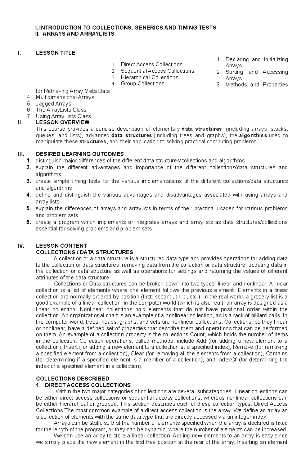 Data Structures and Algorithms IM1 - I. INTRODUCTION TO COLLECTIONS ...