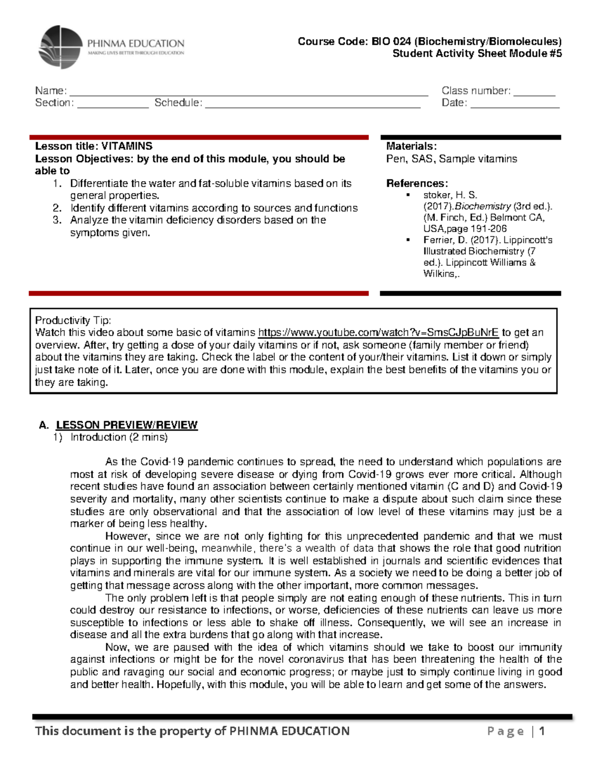 SAS for Biochemistry (BIO 024) Module #5 - Student Activity Sheet ...