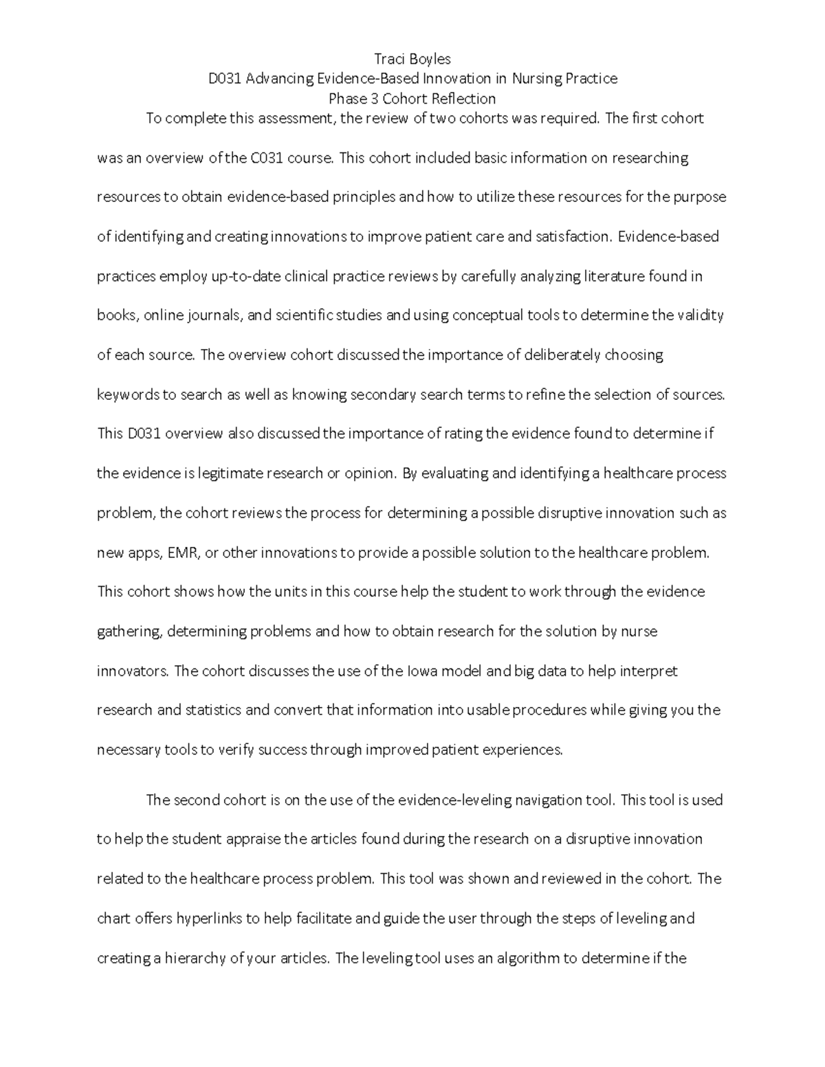 D031 Cohort reflection - Traci Boyles D031 Advancing Evidence-Based Innovation in Nursing ...