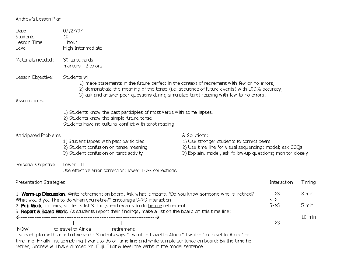 Andrew plan- ELS Classroom Management - Andrew’s Lesson Plan Date 07/27 ...