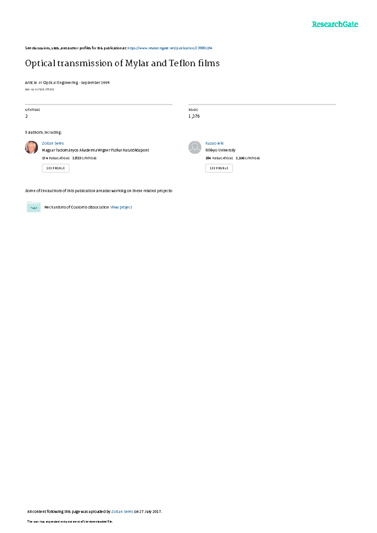 2. Optical Transmission of Mylar and Teflon Films - See discussions ...
