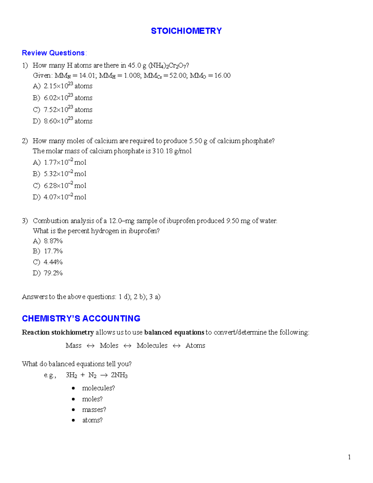Stoichiometry - notes - STOICHIOMETRY Review Questions: 1) How many H ...