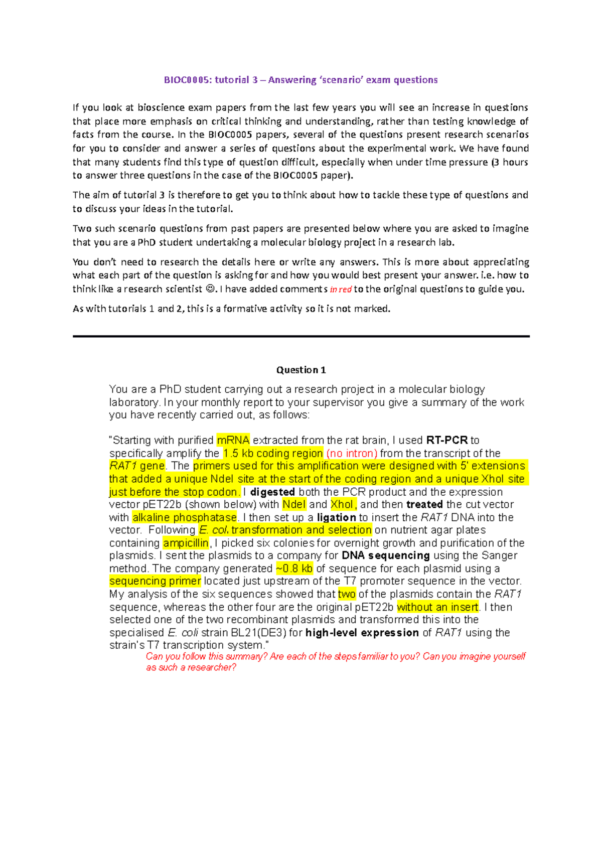 Tutorial 3 - BIOC0005: tutorial 3 – Answering ‘scenario’ exam questions ...