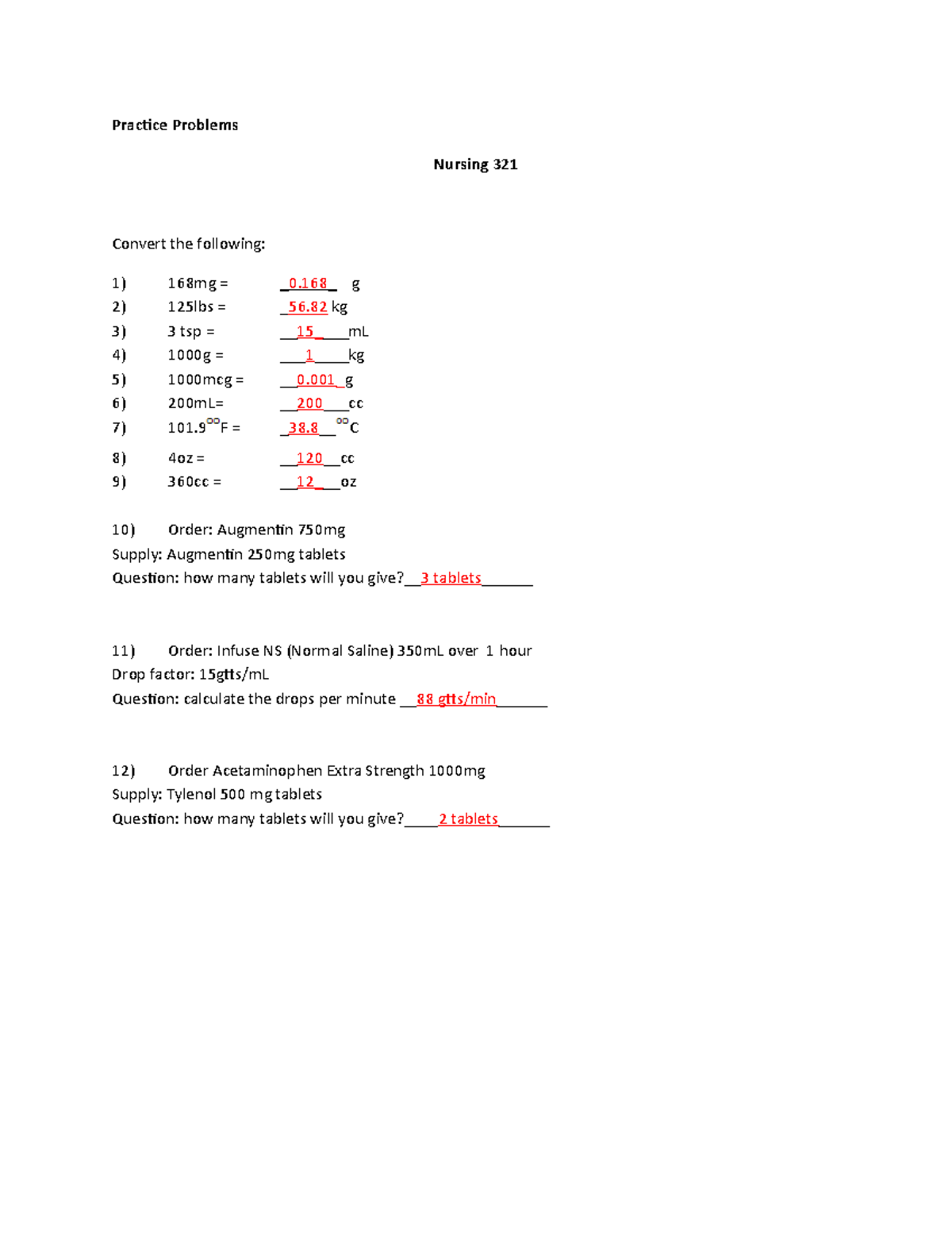 Medication Math Answers - Practice Problems Nursing 321 Convert the ...