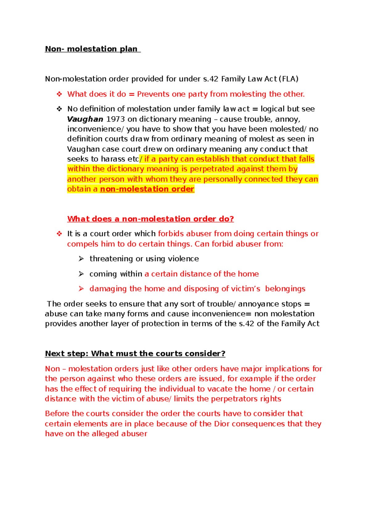 Non molestation plan - FAMILY LAW - Non- molestation plan Non ...