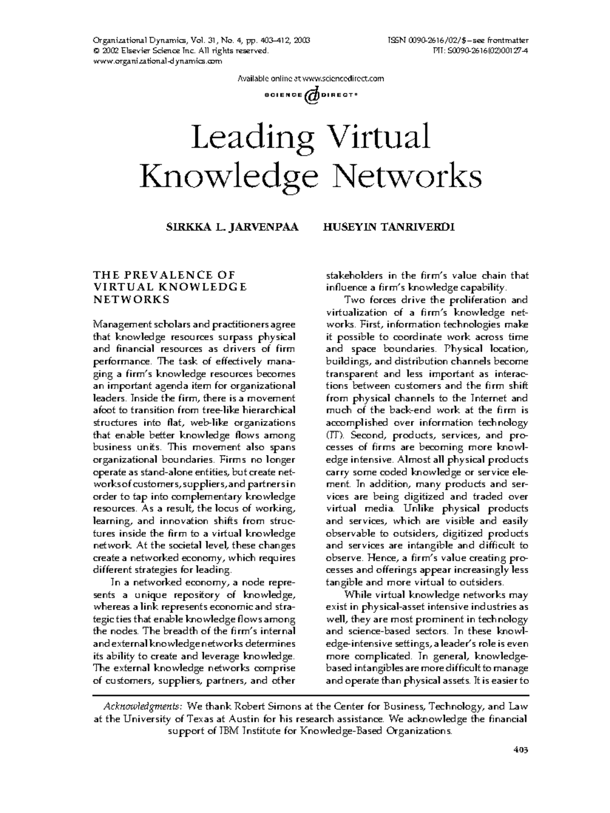 Jarvenpaa Tanriverdi 2003 OD Leading virtual knowledge networks - Leading Virtual Knowledge ...
