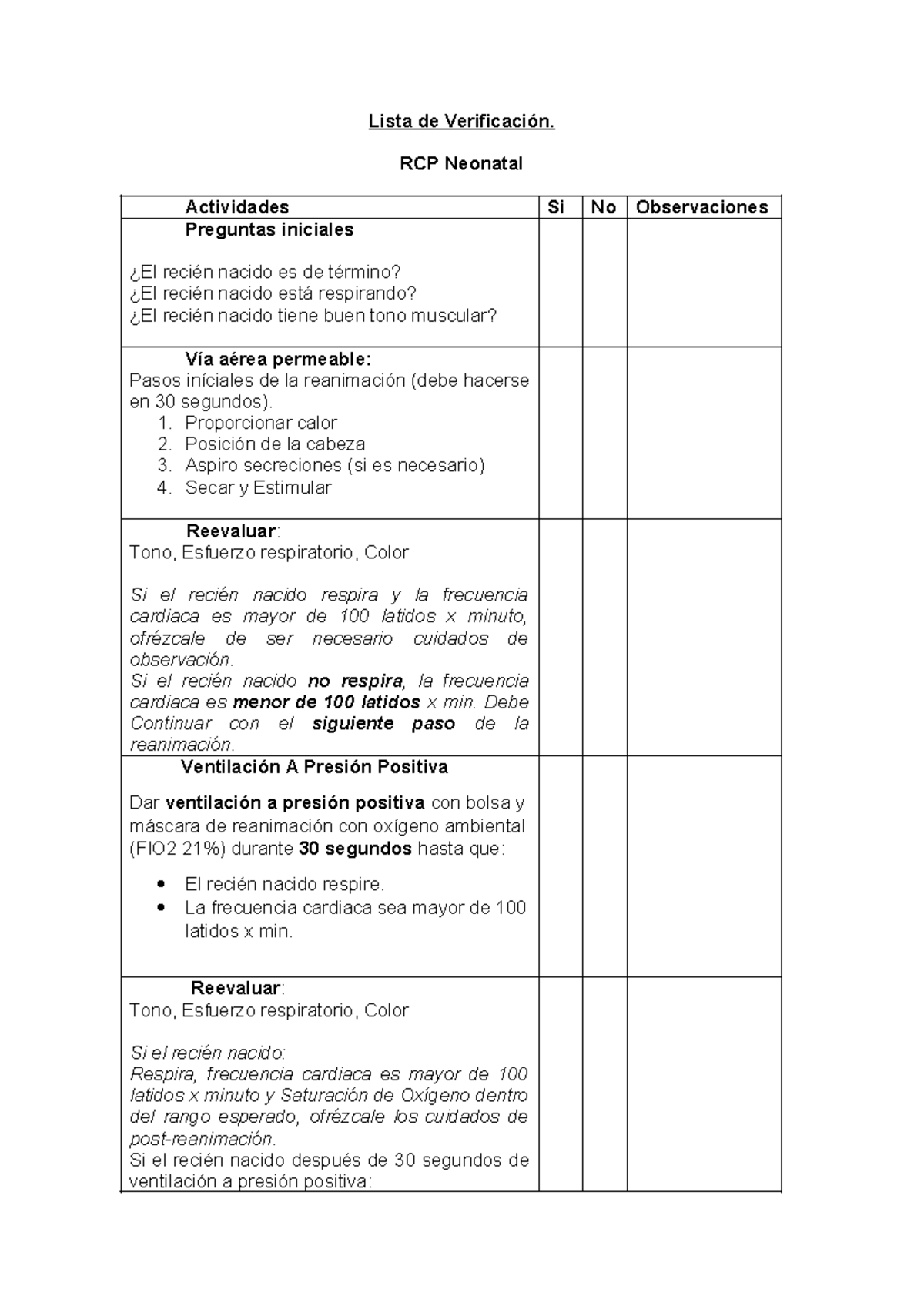 Practica RCP neonatal lista - Lista de Verificación. RCP Neonatal ...