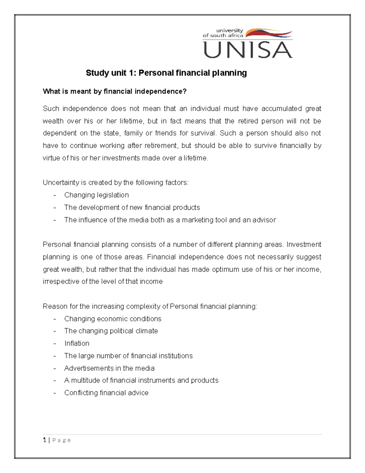 Study unit 1 Personal financial planning Notes - Study unit 1: Personal ...