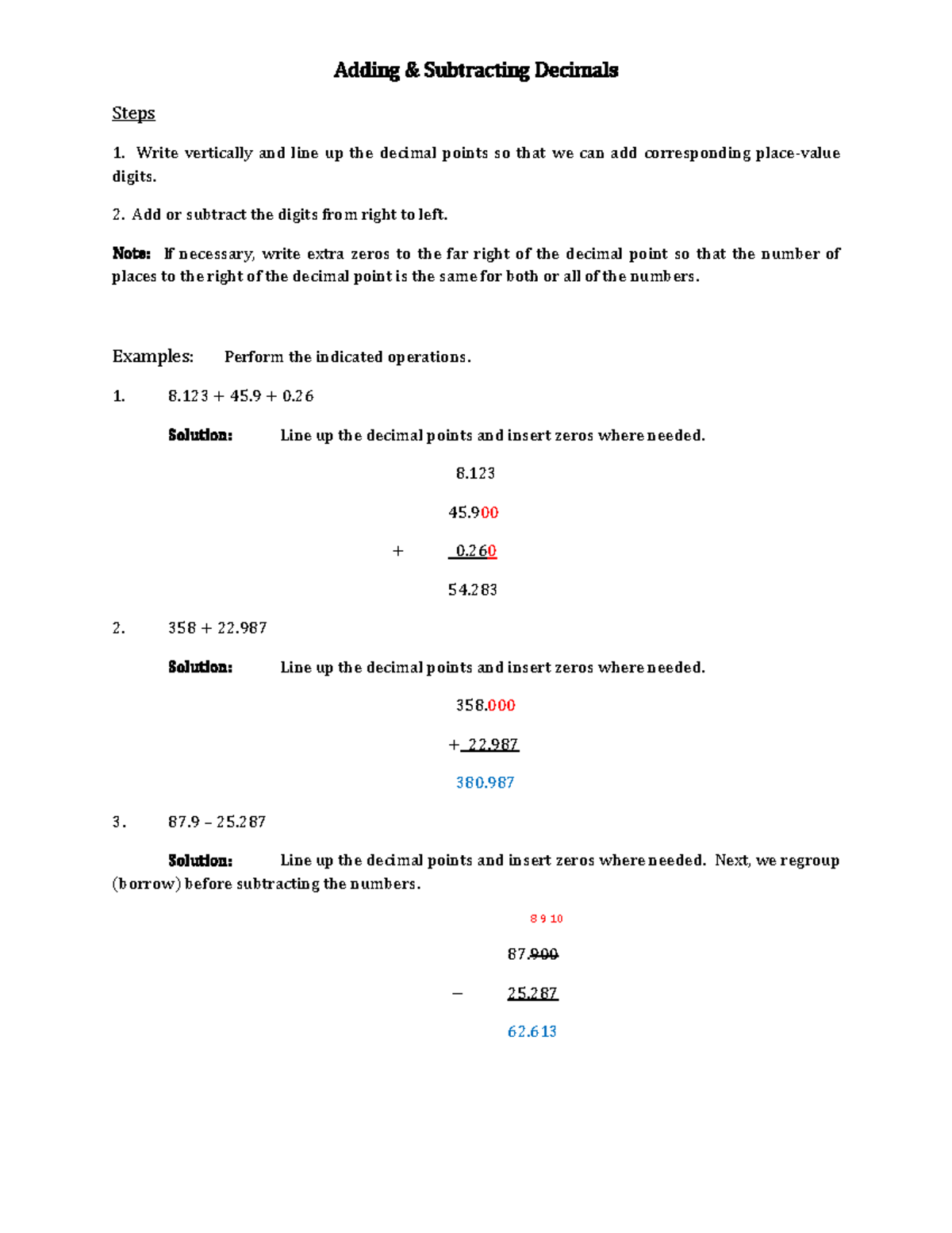 Adding and Subtracting Decimal Notes-Math 0106 - Adding & Subtracting ...