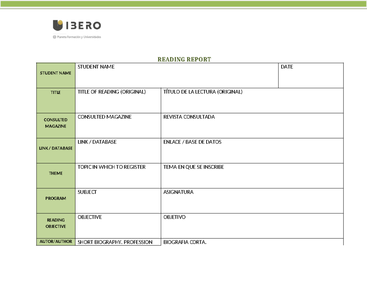 Formato Reading Report - READING REPORT STUDENT NAME STUDENT NAME DATE ...