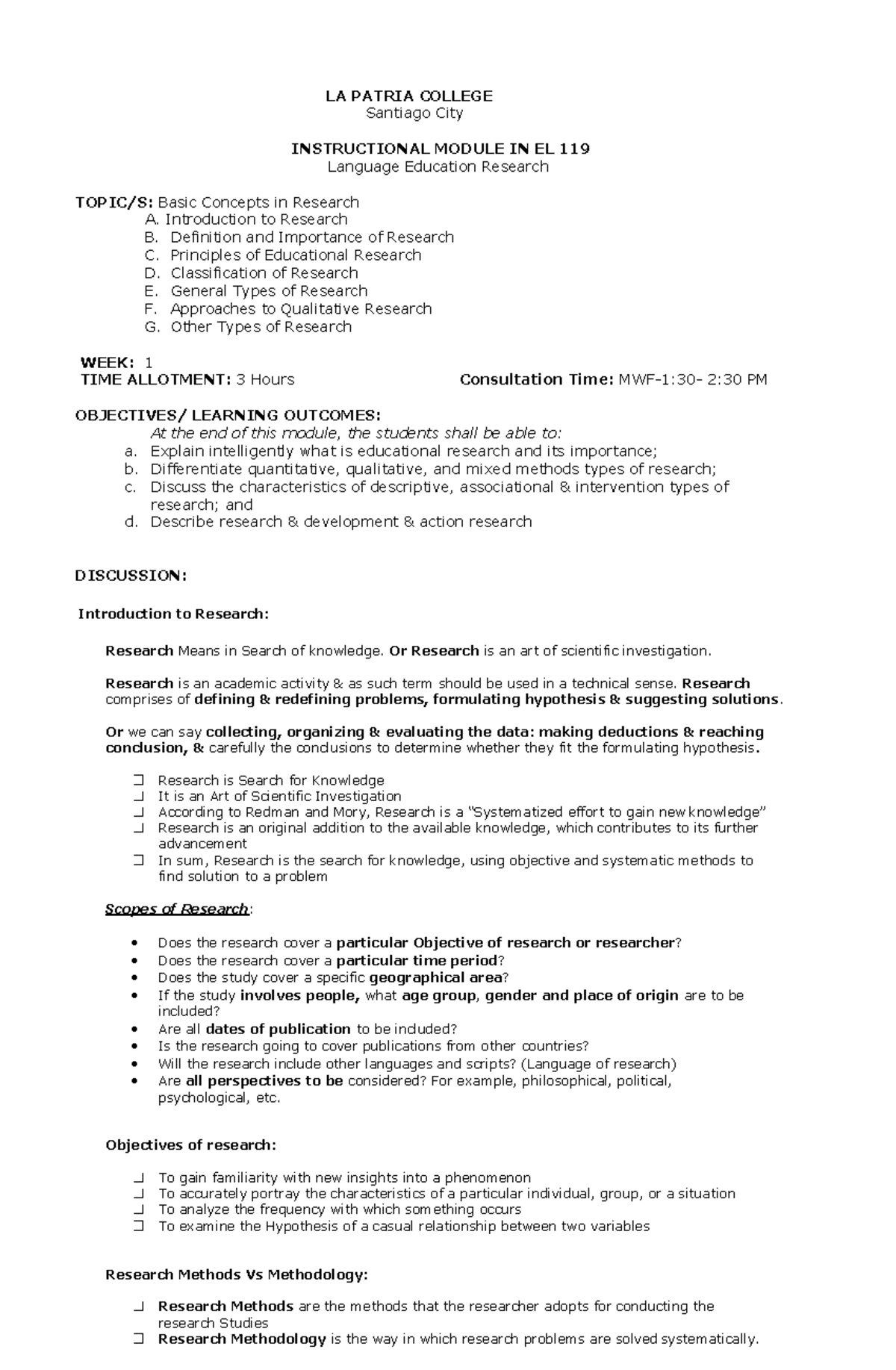 EL 119 WEEK 1 Instructional Module in Research - LA PATRIA COLLEGE ...