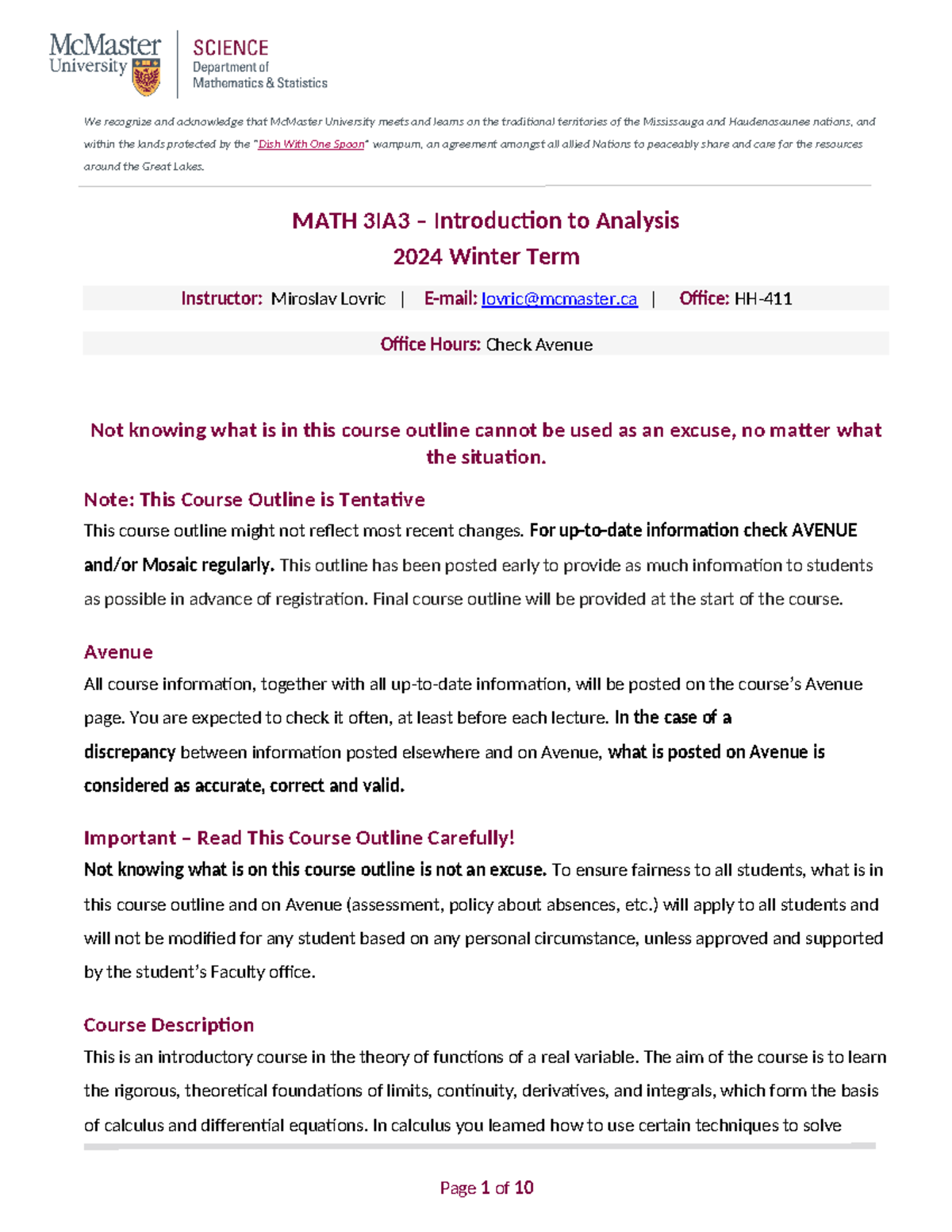 MATH 3IA3 Introduction Analysis - W2024 - We recognize and acknowledge ...