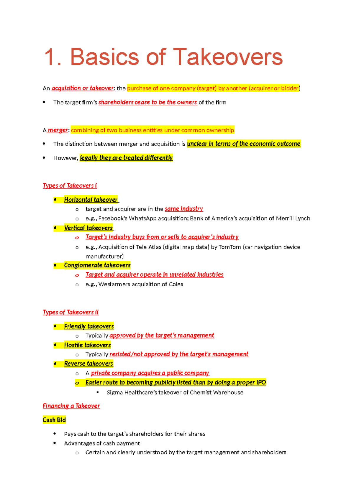 Week 7 takeovers - 1. Basics of Takeovers An acquisition or takeover ...