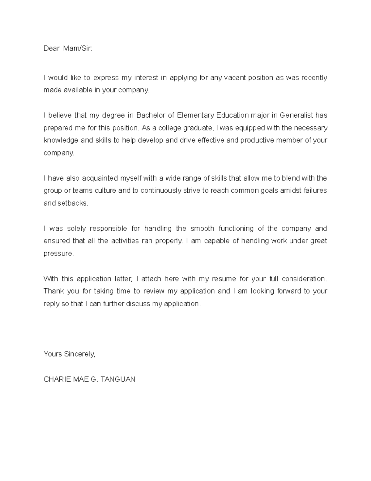Application letter - dasdadadada - Dear Mam/Sir: I would like to ...