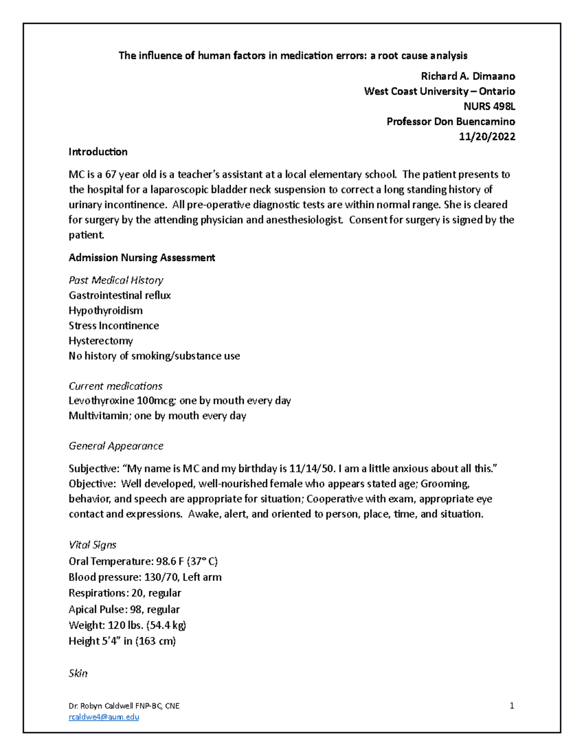 QSEN Medication Errors Case Study - Richard A. Dimaano West Coast ...