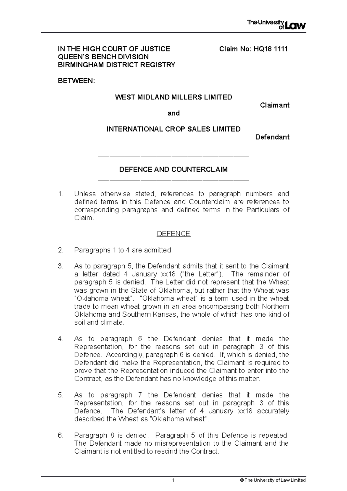 Dispute Resolution Unit 3 Defence example - IN THE HIGH COURT OF ...