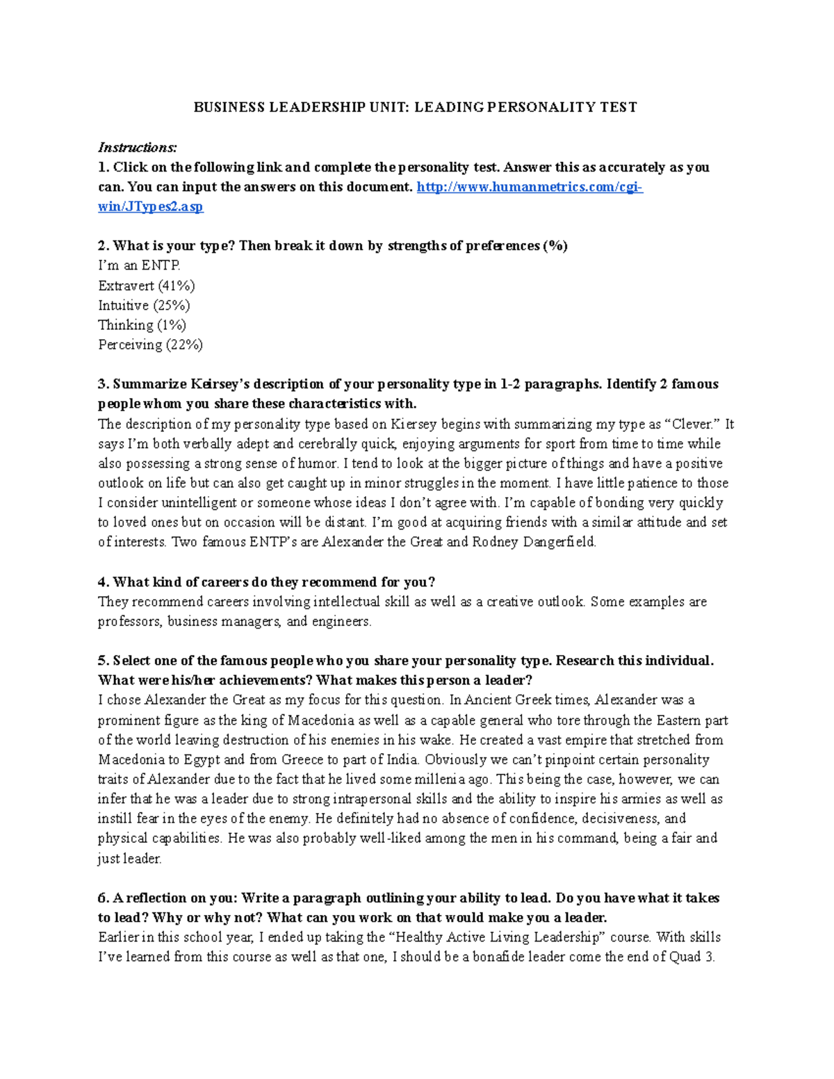 Myers Briggs Test And Assignment BUSINESS LEADERSHIP UNIT LEADING