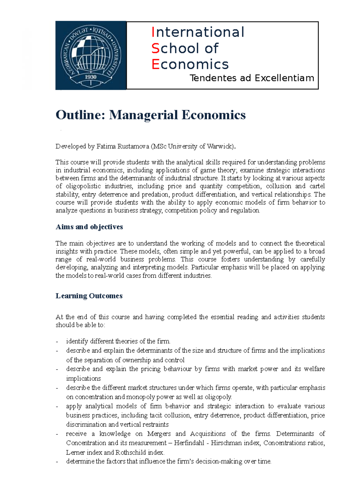 UNEC 1666435621 - aaaaaaaaaaaa - Outline: Managerial Economics ...
