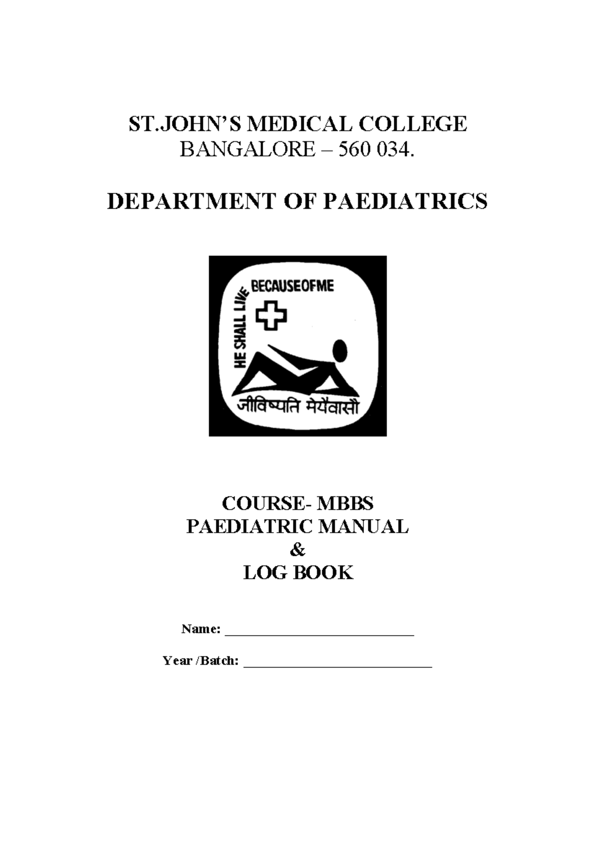 New UG log book paediatric - ST’S MEDICAL COLLEGE BANGALORE – 560 034 ...