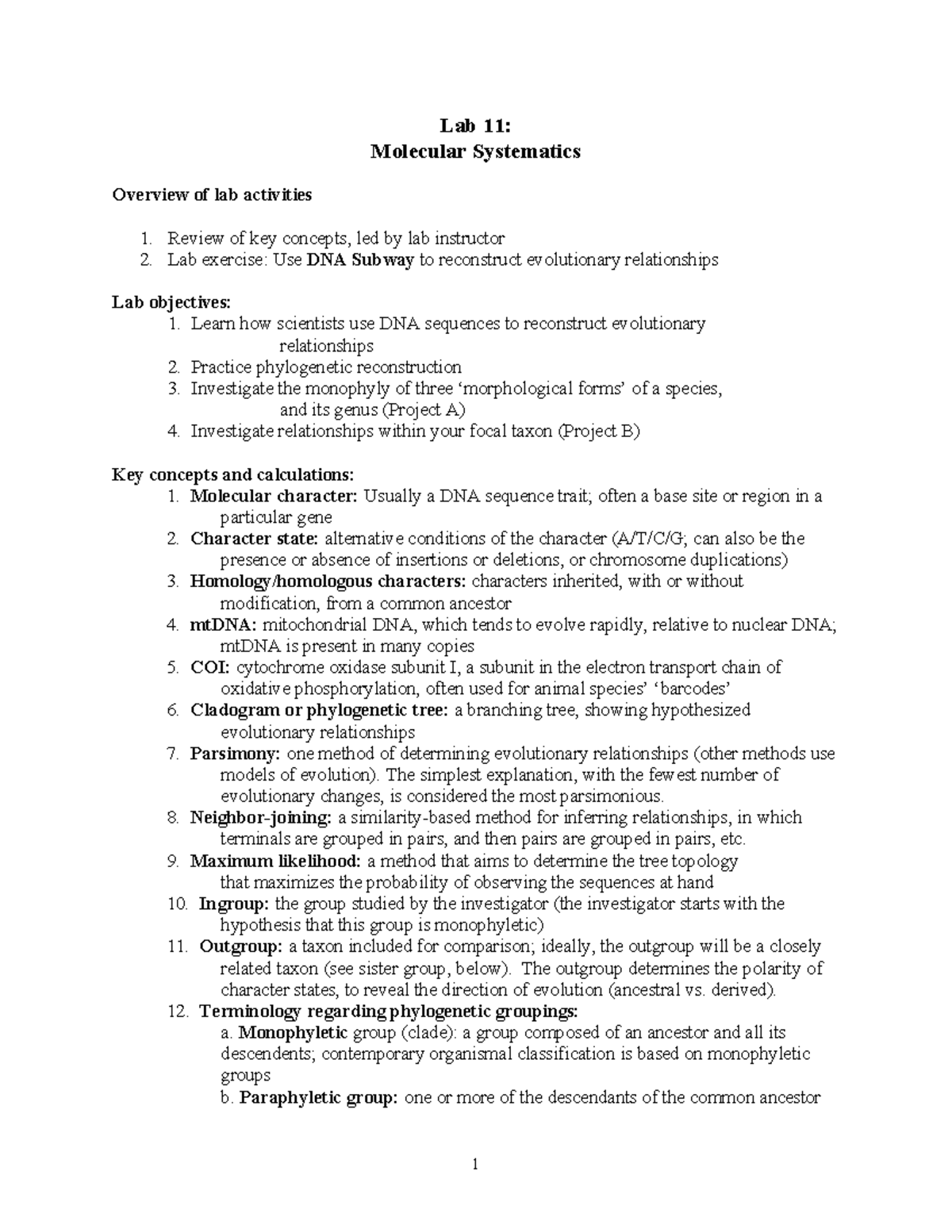Lab11 word - lab 11 hw answers - Lab 11: Molecular Systematics Overview of lab activities 1 ...