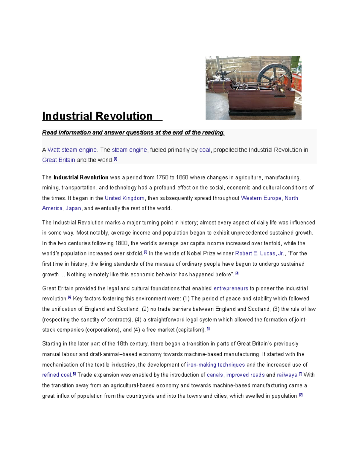 Indstrial Rev. Reading Questions - Industrial Revolution Read ...