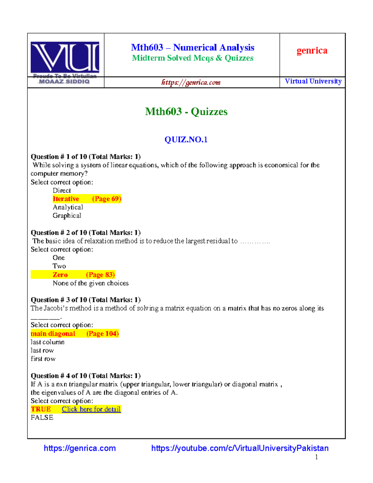 MTH603 - Midterm Solved Mcqs and Quizes by moaaz - Mth603 – Numerical ...