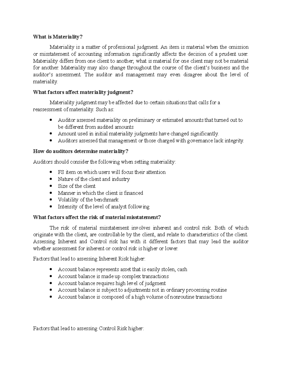 Chapter 7 - Learning Questions - What is Materiality? Materiality is a ...