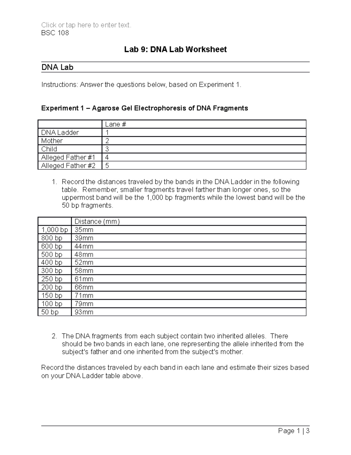 Lab 9 DNA Worksheet - lab - Click or tap here to enter text. BSC 108 ...