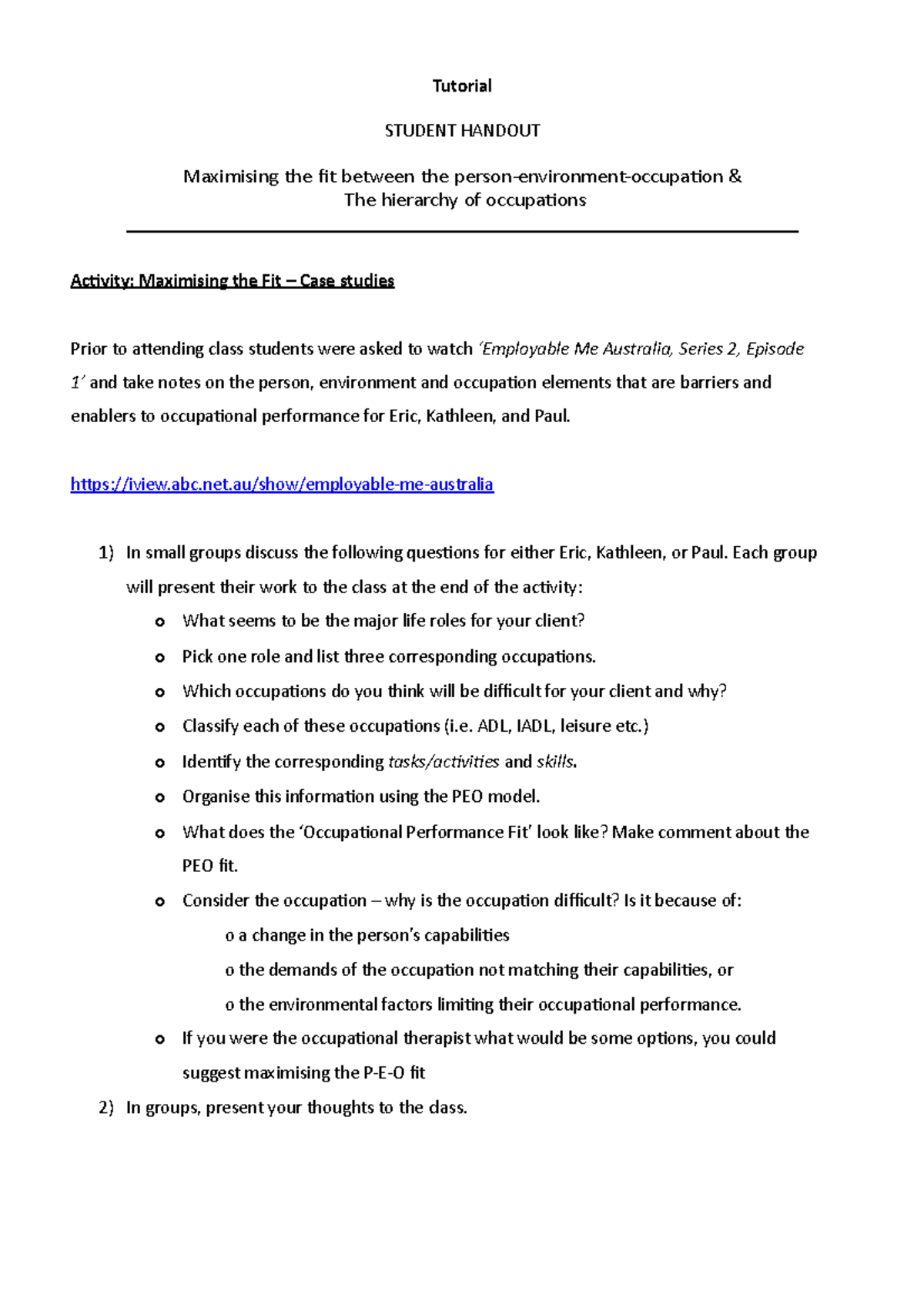 PEO fit Tutorial Activity Sheet - Tutorial STUDENT HANDOUT Maximising ...