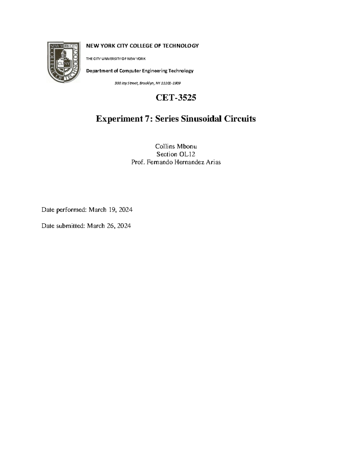 CET 3525 – Lab Report #7 - NEW YORK CITY COLLEGE OF TECHNOLOGY THE CITY ...