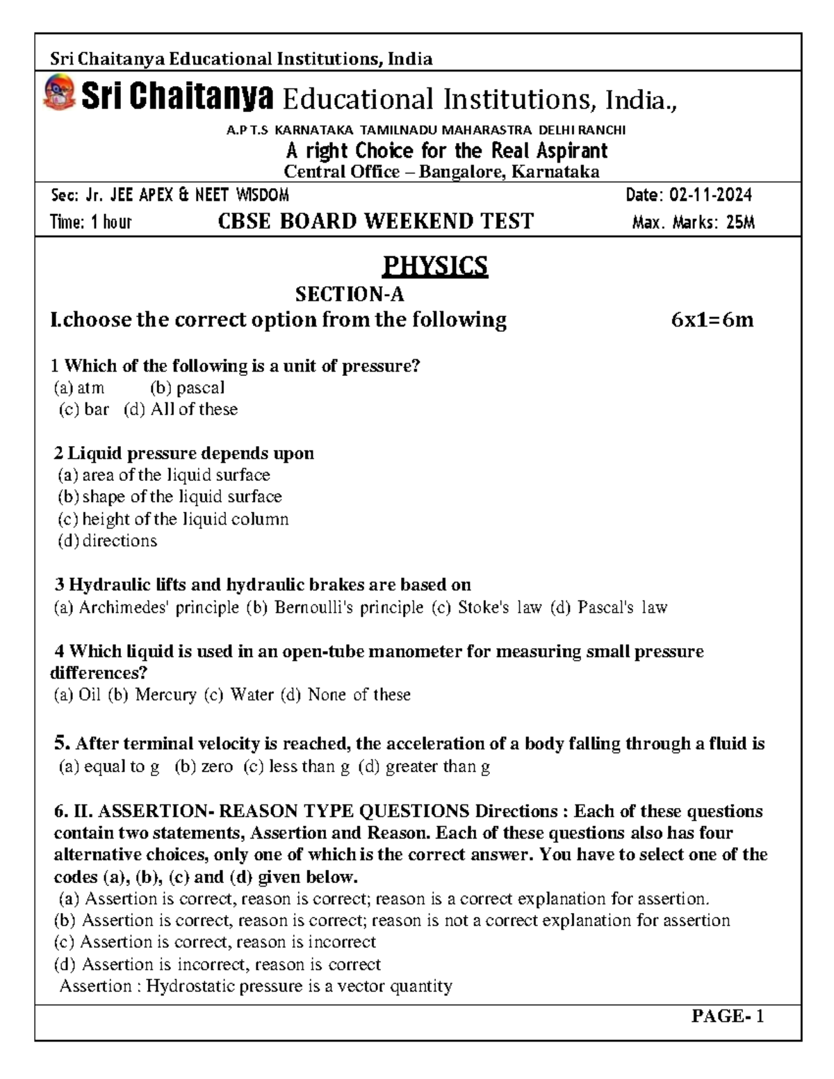 JR APEX Seris AND NEET Wisdom Physics Question Paper - Sri Chaitanya ...