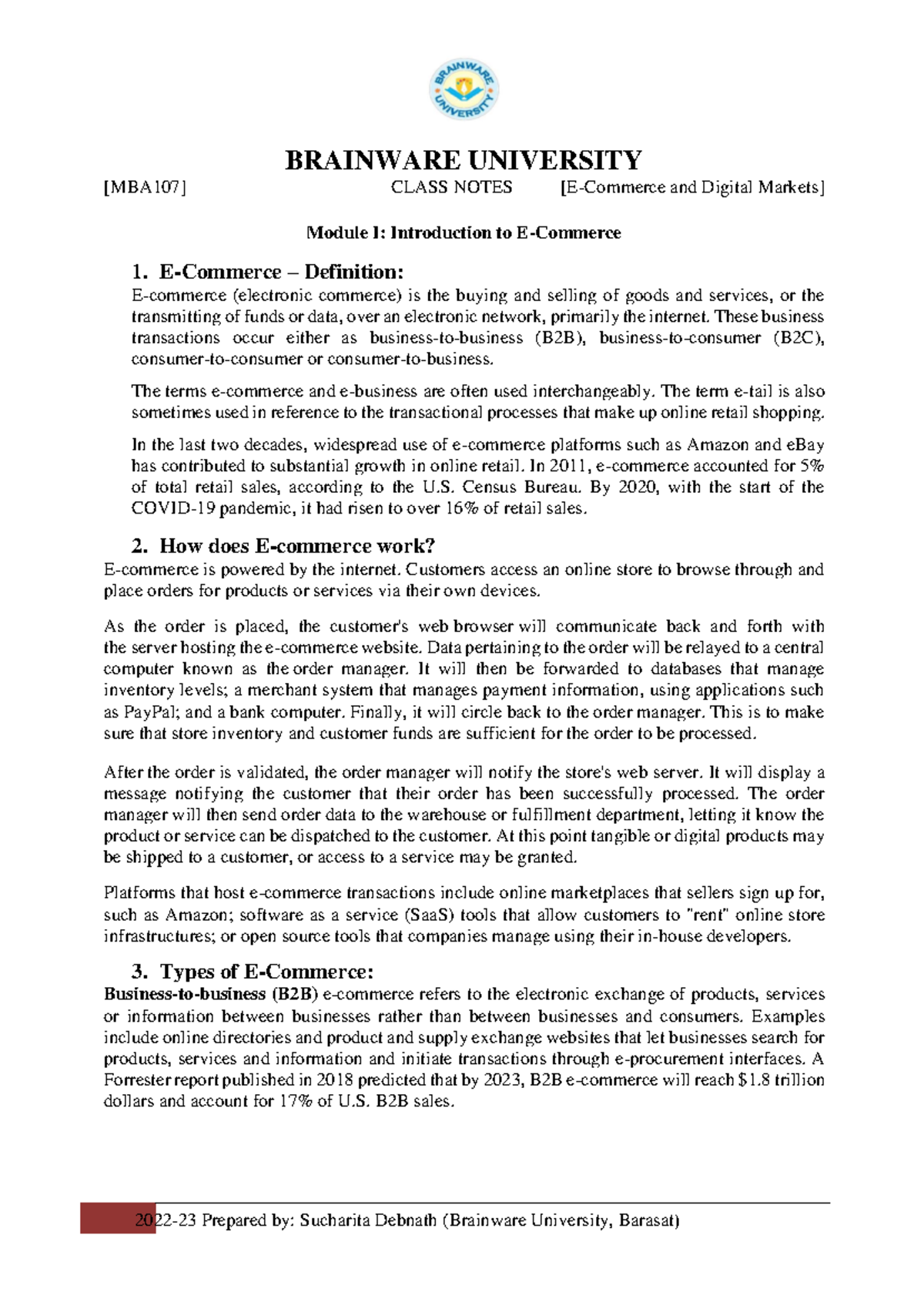 Ecommerce module 1 notes - [MBA107] CLASS NOTES [E-Commerce and Digital ...